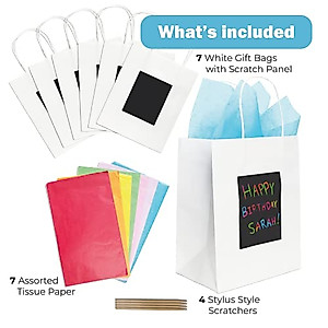 PURPLE LADYBUG 7 White Gift Bags with Handles & Scratch Panel for Messages - Unique Easter Gift Bags Medium Size, Wedding Gift Bag with Tissue Paper, Party Gift Bags, & Small Gift Bags Bulk