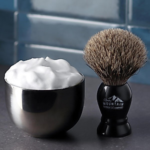 Shaving Brush with Stand - Rocky Mountain Barber Pure 100% Best Badger Hair Barber Grade with Black Heavy Duty All-Resin Handle and Oversized Bristle Head For Better Shaving Cream Lather