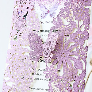 Hosmsua 5.1x7.3'' 50PCS Purple Glitter Quinceanera Invitation Kit Laser Cut Flora Butterfly Invitation Cards Pocket with Envelopes for Bridal Shower Sweet 16 Wedding Invitation (Purple Glitter)