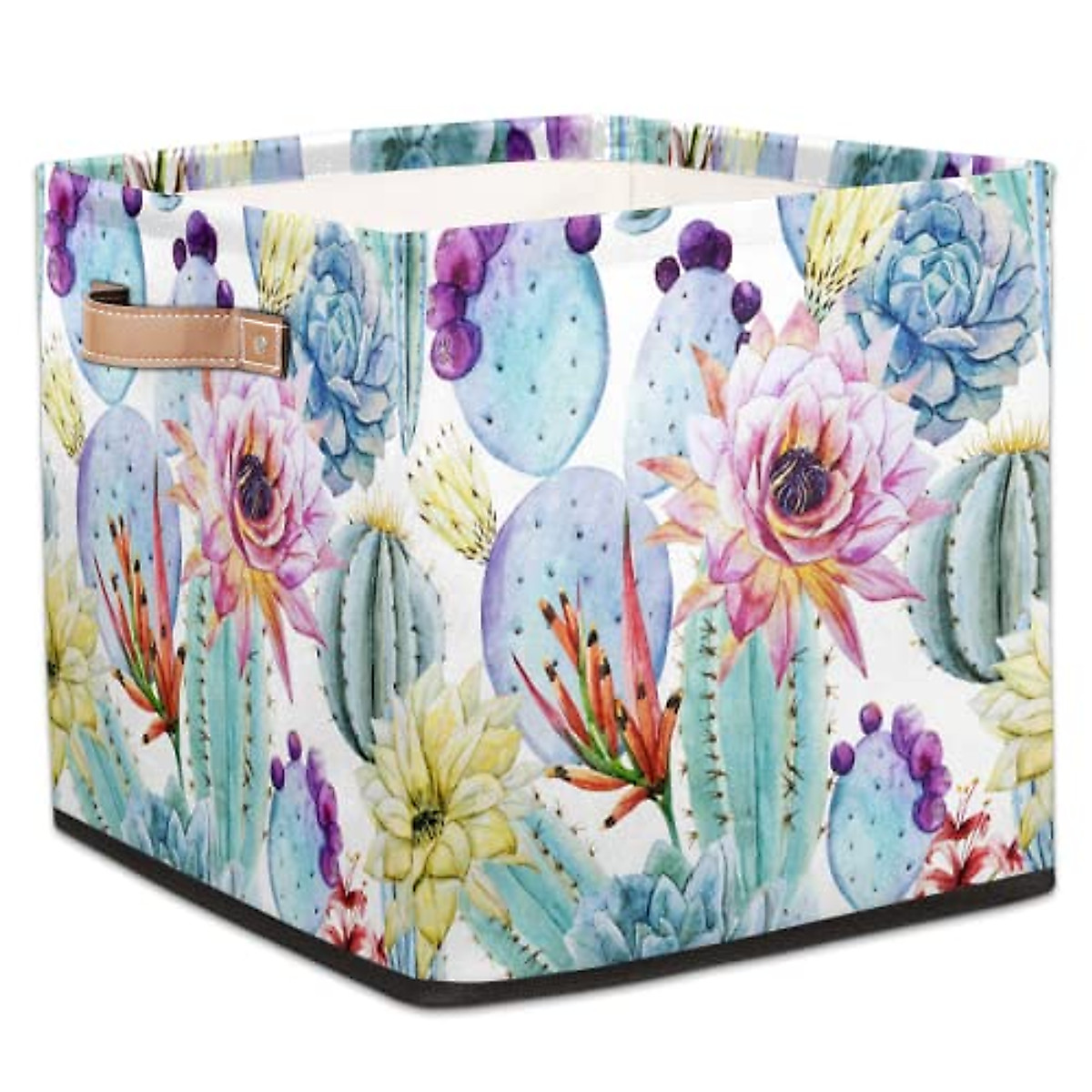 Floral Cactus Plant Cube Storage Bins 13 Inch Fabric Storage Basket Square Storage Bins Collapsible Nursery Storage Bin Organizer Basket Storage Box for Shelves, Closet