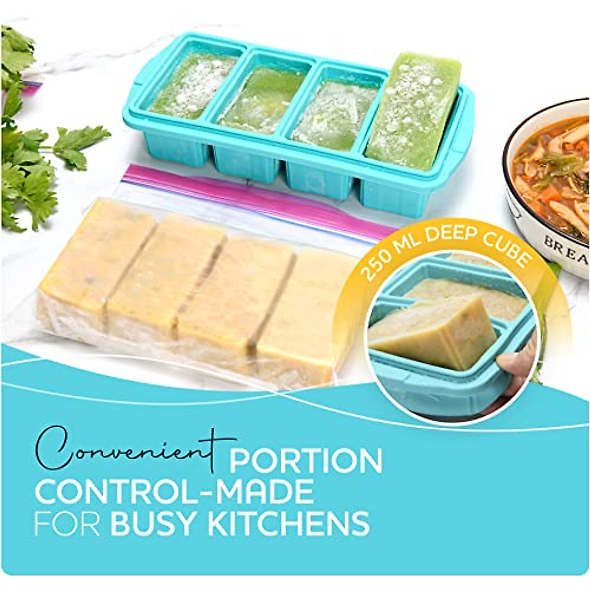 Large Ice Cube Freezing Tray - Soup Freezing Tray with Airtight Transparent Lid - 4Individual Compartments With Portion Scales - Storage For Broth, Sauces & Liquid Meal Prep - Oven & Dishwasher-Safe