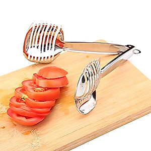 i Kito Tomato Lemon Slicer Holder Round Fruits Onion Shreader Cutter Guide Tongs with Handle Kitchen Cutting Potato Lime Food Stand Stainless Steel