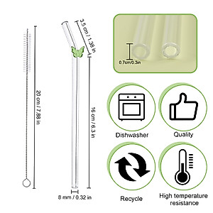 Clear Glass Straws with Design, 6Pcs Reusable Straws, Butterfly Glass Straw Shatter Resistant with 2 Cleaning Brush, Cute Straws with Charms Butterfly, Bent Drinking Straws for Smoothies Juice