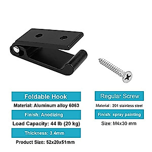 heneng 10 Pack 2" Black Folding Coat Hook w/Screws, Aluminium Alloy Foldable Hooks No Rust Wall Mounted for Keys, Towel, Hat, Bags, Headphones Holder, Headset Wall Hanger, Max.Load 44lb