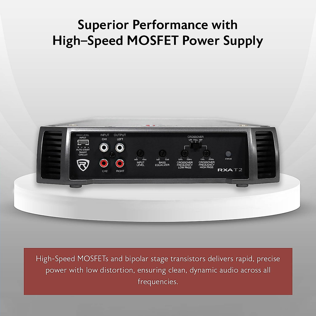 Rockville RXA-T2 2400W 2-Channel Car Amplifier, Dyno-Certified RMS, MOSFET Power Supply, Elna Capacitors, Class A/B, Perfect for Car Audio and Subs