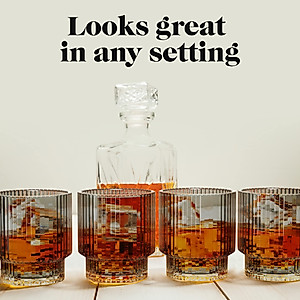 American Atelier Vintage Art Deco Fluted Drinking Glasses, Set of 4 Modern Kitchen Glassware Set | Old Fashion Tumbler for Cocktails and Water | Ribbed Lowball Glass Cup for Whiskey (Smoke Grey)