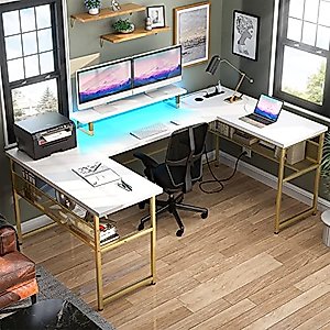 Unikito U Shaped Desk with LED Strip and Power Outlet, Reversible Large Corner Computer Desk with Monitor Stand and Storage Shelf, 83 Inch U Shape Office Desks, 2 Person L Shaped Gaming Table, White