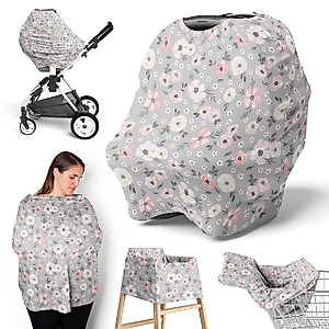 Sweet Jojo Designs Grey Watercolor Floral Girl Infant Baby Car Seat Cover Nursing Breastfeeding Shopping Cart Stroller Canopy Blush Pink and White Boho Bohemian Shabby Chic Rose Flower Gray Farmhouse