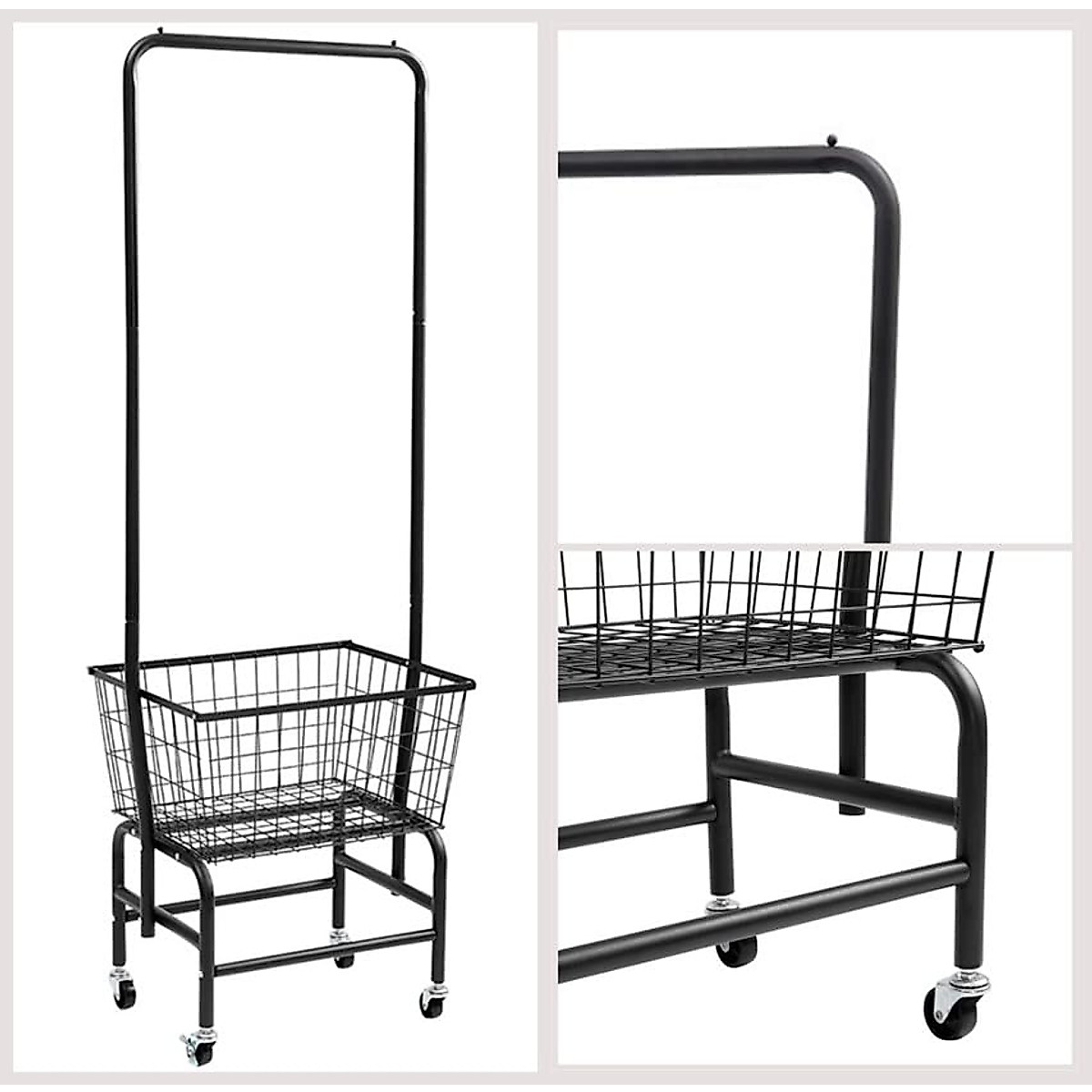 BechUbre Heavy Duty Rolling Hamper Laundry Basket Cart with Wire Hanging Rack and Storage Rack Commercial Rolling Laundry Butler White