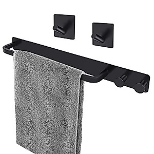 VETAID Towel Bar Self Adhesive Bathroom Towel Holder with 2 Pack Towel Hooks 15.6-Inch Stick on Wall Towel Rack No Drill Bath Towel Holder Sticky Towel Hanger Black