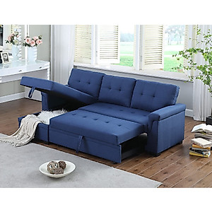 OPTOUGH L Shape Reversible Sectional Sofa Couch Pull Out Sleeper Bed with Storage Chaise for for Apartment, Living Room, Blue Linen