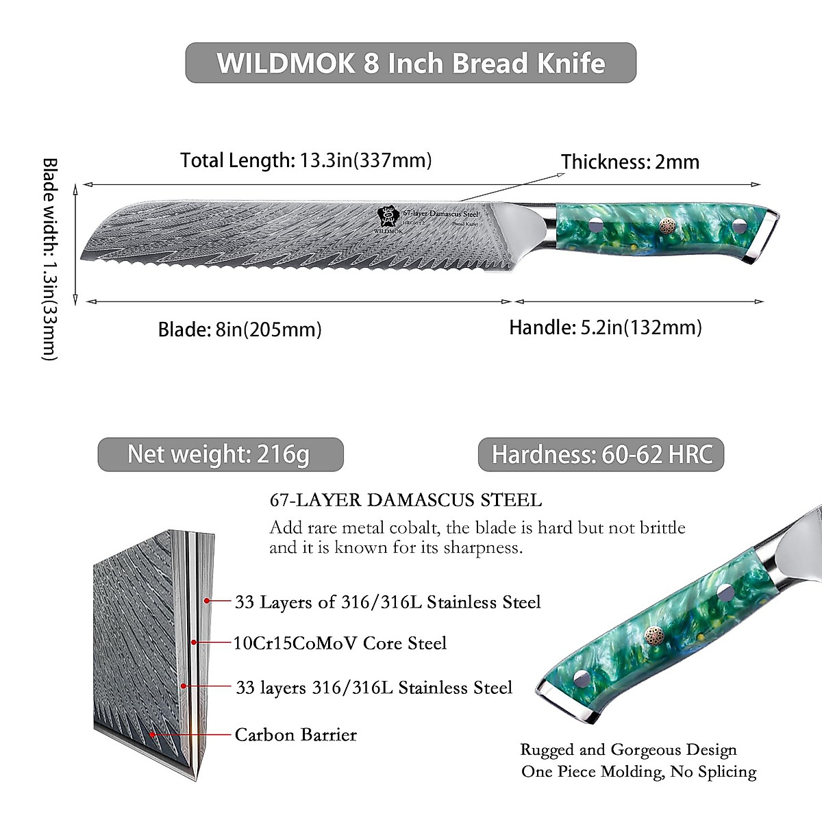 WILDMOK Serrated Bread Knife - 8 inch, Strong Resin Handle, 67 Layer Japanese VG10 Steel Slicer