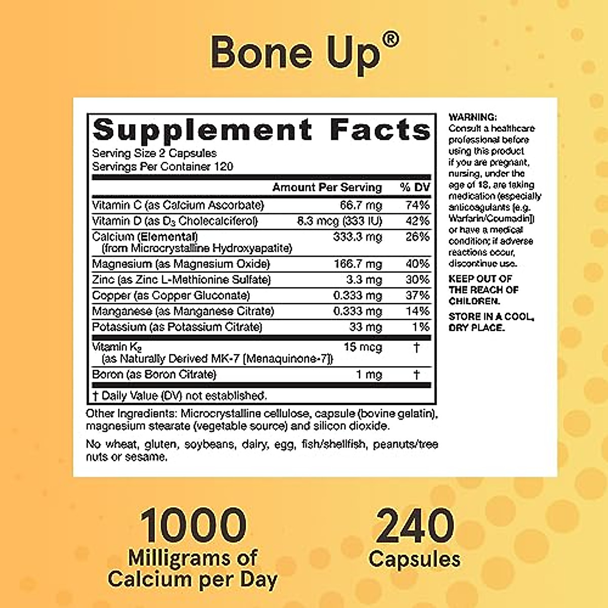 Jarrow Formulas BoneUp - 240 Capsules - 120 Servings - For Bone Support & Skeletal Nutrition - Includes Naturally Derived Vitamin D3, K2 (as MK-7) & 1000 mg Calcium - Gluten Free - Non-GMO