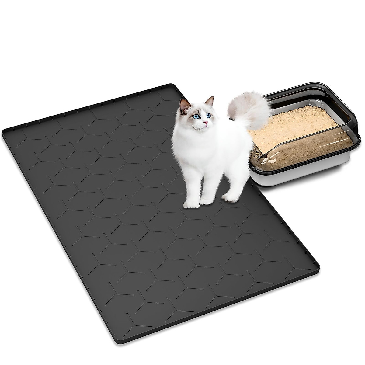 Large Silicone Cat Litter Mat: Easy to Clean Cat Litter Mat Soft and Waterproof Litter Box Mat (22"X34"- Black)
