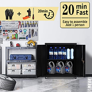 GEDELITE Metal Storage Cabinet with Wheels, Mobile Metal Cabinet, Steel Storage Cabinet with Adjustable Shelve and Locking Doors for Home and Office, Black