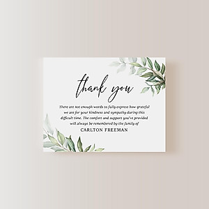 Hello Love Goods Personalized Greenery Funeral Thank You Cards with Envelopes, 5.5x4.25 Flat Sympathy Memorial Cards