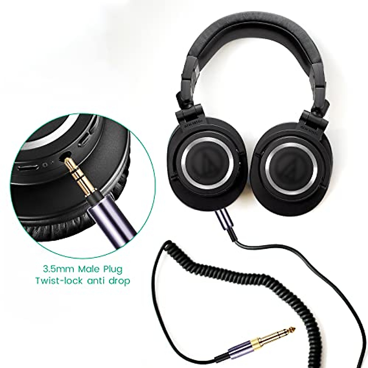 weishan ATH-M50xBT Cable, Coiled Aux Cord Replacement for Audio Technica ATH-M50xBT2, ATH-SR50BT Wireless Headphones, 3.5mm(1/8") Extension Wire with 6.35mm(1/4") Adapter, 14ft