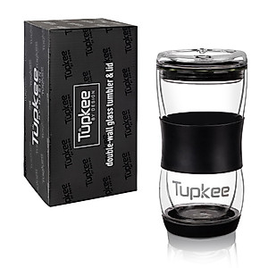 Tupkee 20 oz Double Wall Glass Tumbler With Lid – All Glass Reusable Insulated Hand Blown Glass Travel Mug - For Coffee, Tea, Boba, Iced Coffee, and Smoothie Cup To Go – Black