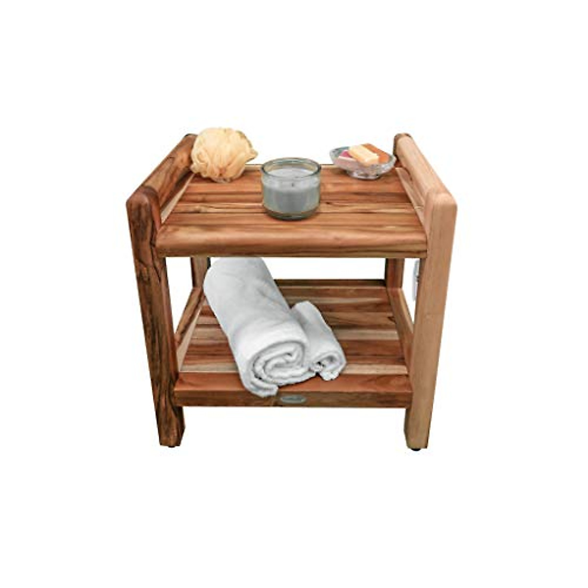 DecoTeak Earthy Teak Shower Stool Eleganto Natural Wood Seat Shower Bench with Storage Shelf and LiftAide Arms for Indoors and Outdoors - 14 inches Wide
