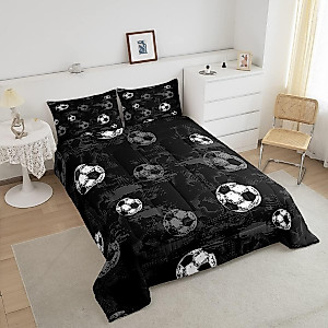 Erosebridal Football Bedding for Full Bed Soccer Comforter Sets for Boys Girls Ball Gamer Duvet Set Sport Themed Quilt Grey Black Grunge Comforter 3-Piece for Teens Bedroom Breathable Cozy Quilt Set