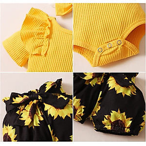AMAWMW Newborn Baby Girl Summer Clothes Ribbed Ruffle Short Sleeve Romper Sunflower Shorts Outfit 3-6/6 Month Girl Clothes