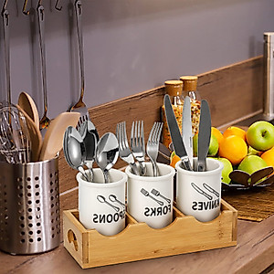 Nicunom Set of 3 Ceramic Flatware Caddy with Bamboo Wood Base, Kitchen Utensil Holder Silverware Organizer for Spoons, Knives and Fork, Farmhouse Decor Kitchen Tool Crocks for Countertop