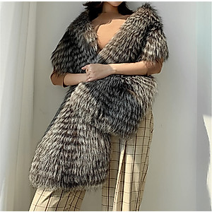 LO-01 Big Fluffy Fur Shawl Scarf With Real Silver Fox Qualitied Fur For Women Autumn Winter Spring Skiing Warm Wear Furry Collar Fuzzy Big Wrap Scarf (One Size, Silver Fox)