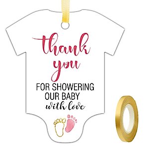 50 PCS Thank You for Showering Our Baby with Love, Cute Pink Little Feet Thank You Tags, Baby Onesie Shaped Gift Tags, Baby Shower Favor Tags, Baby Shower Birthday Party Favor Decorations.