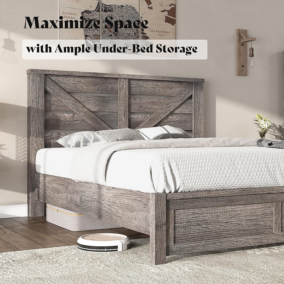 AMERLIFE Queen Size Farmhouse Bed Frame with 49.2" Barn Door Headboard, Platform Bed Frame with Wood Slats, Under Bed Storage Space, Easy Assembly, Noisy Free, Rustic Gray