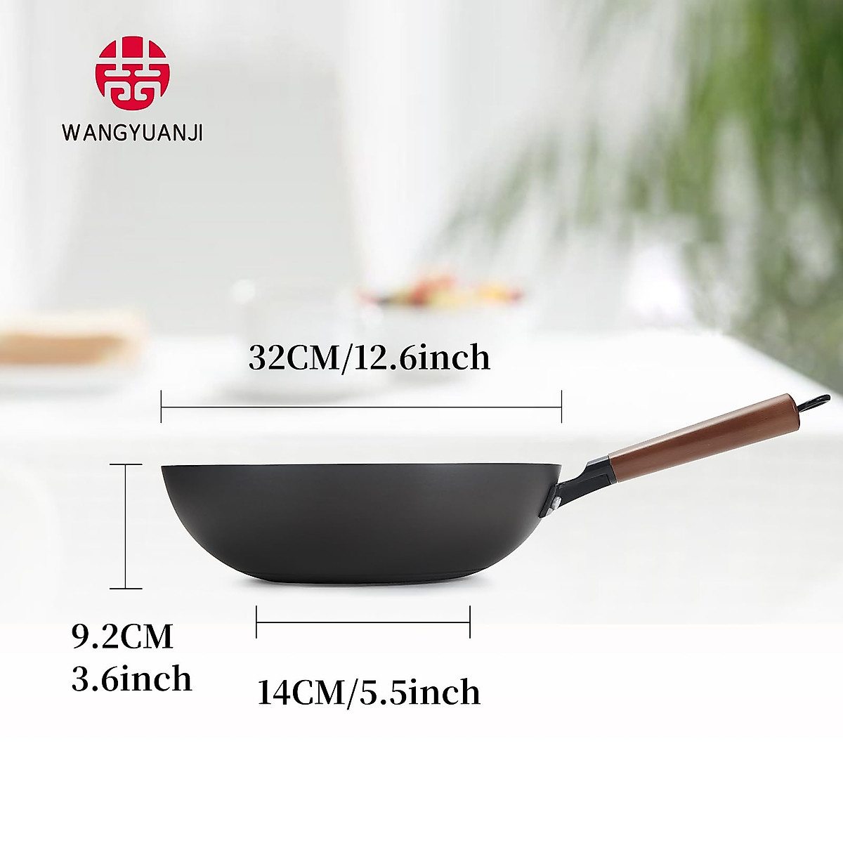 WANGYUANJI Iron Wok 12.6 inches,Wooden Handle Chinese Iron Pot Carbon Steel Wok Non-Coated Stir Fry Pan,Suitable for Home Cooking, Compatible with Induction, Gas, and Electric Ceramic Cooktops