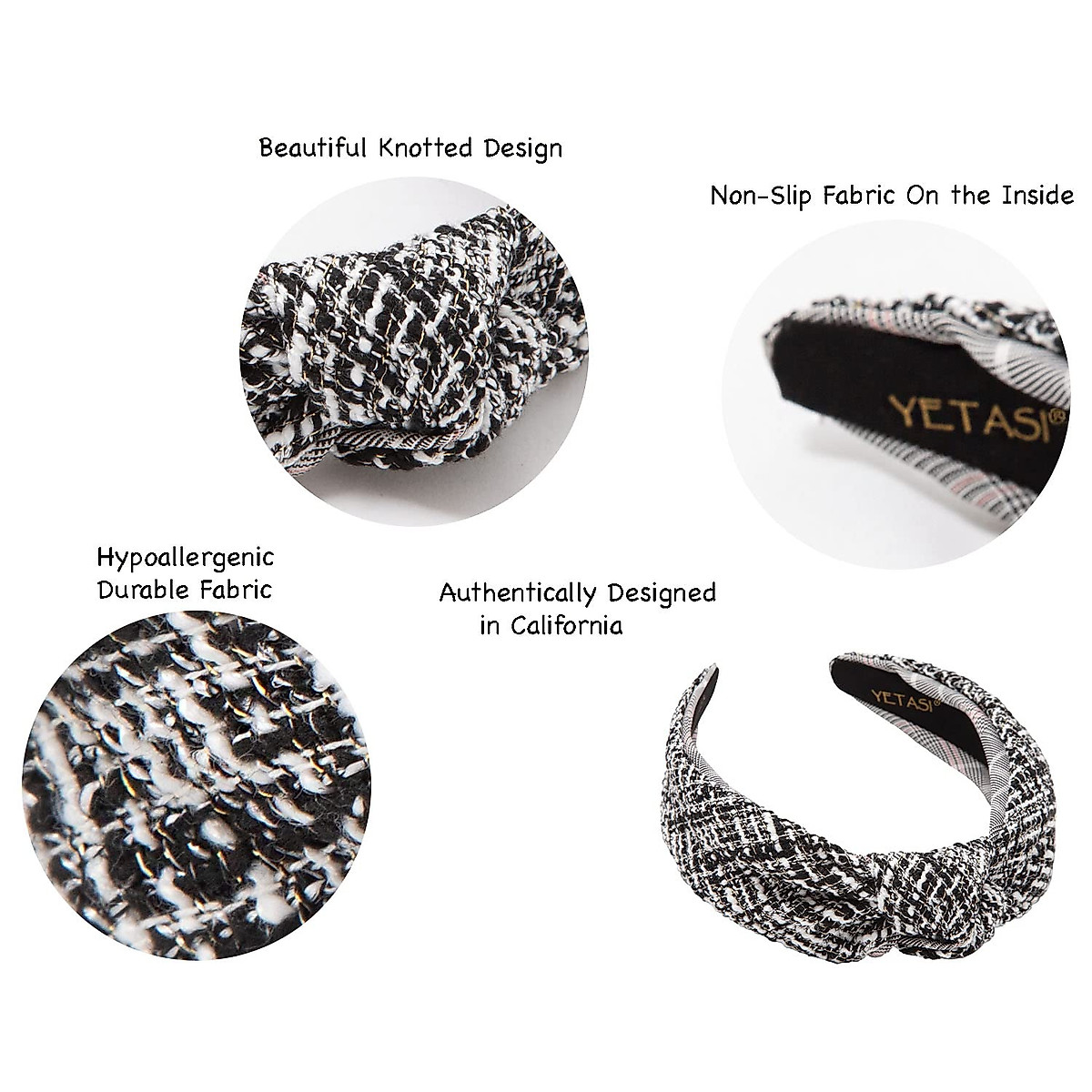 YETASI Black Knotted Headband for Women with Hints of White Threading is Unique. Tweed White Black Headbands for Women Top Knot