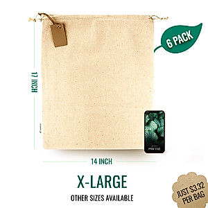 Cotton Storage Bags with Drawstrings X-Large 14x17 Multipurpose 6 Pcs - Canvas Fabric Bread Bags - Bulk Food Produce - Reusable Muslin bags - Natural Cotton Potato Onion Storage Bags - Shoe Bags by Leafico