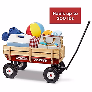 Radio Flyer Full Size All Terrain Classic Steel Pull Along Wagon with Foldable Handle and Wooden Stake Sides for Kids and Cargo, Red