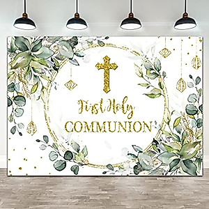 Wollmix 1st First Communion Baptism Decorations Backdrop 7x5ft God Bless Holy Communion Banner Christening Gold Dots Green Leaves Photography Background Baby Shower Banner Photo Booth Props