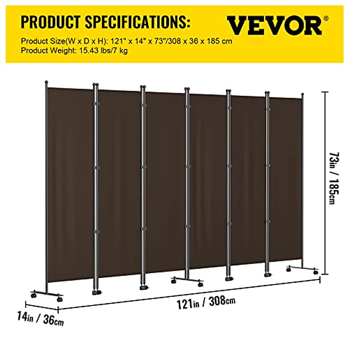 VEVOR 6 Panel Room Divider, 6 FT Tall, Freestanding & Folding Privacy Screen w/ Swivel Casters & Aluminum Alloy Frame, Oxford Bag Included, Room Partition for Office Home, 121" W x 14" D x 73"H, Brown