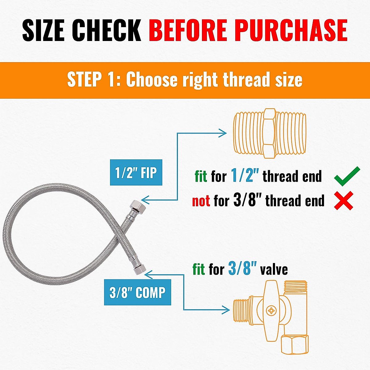 (2 Pack) SUNGATOR 60 Inch Faucet Supply Lines, 3/8" Female Comp Thread x 1/2" FIP Thread Sink Hose, 60" Stainless Steel Braided Faucet Supply Line for Bathroom, with 2 Wrenches and 1 Sealing Tape