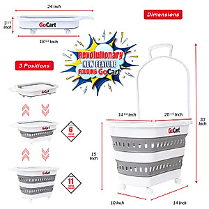 dbest products Folding Gocart Collapsible Laundry Basket on Wheels Grocery Cart Shopping Foldable Pop Up Plastic Hamper Tote Handles Cesto para ropa sucia, White