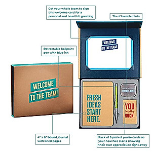Cheersville New Employee Welcome Gift Set Kit - Signable Certificate, Small Bound Journal, Blue Ink Retractable Ballpoint Click Pen, 6 Praise Cards, Breath Mints