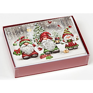 Vermont Christmas Company Box of 'Christmas Gnomes' Christmas Cards - 15 Cards & 16 Foil Lined Envelopes - Packed in Attractive Red Box - Cards measure 4 1/2" x 6 1/4" Folded