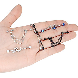 Oyaface 2PCS 14G(1.6mm) Stainless Steel Black Silver Piercing Helix Industrial Barbells with Chains Piercing Set