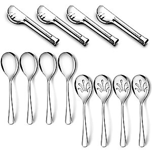 Stainless Steel Metal Serving Utensils - Large Serving sets-10" Spoons, 10" Slotted Spoons and 9" Tongs by Teivio (Silver, Set of 12)