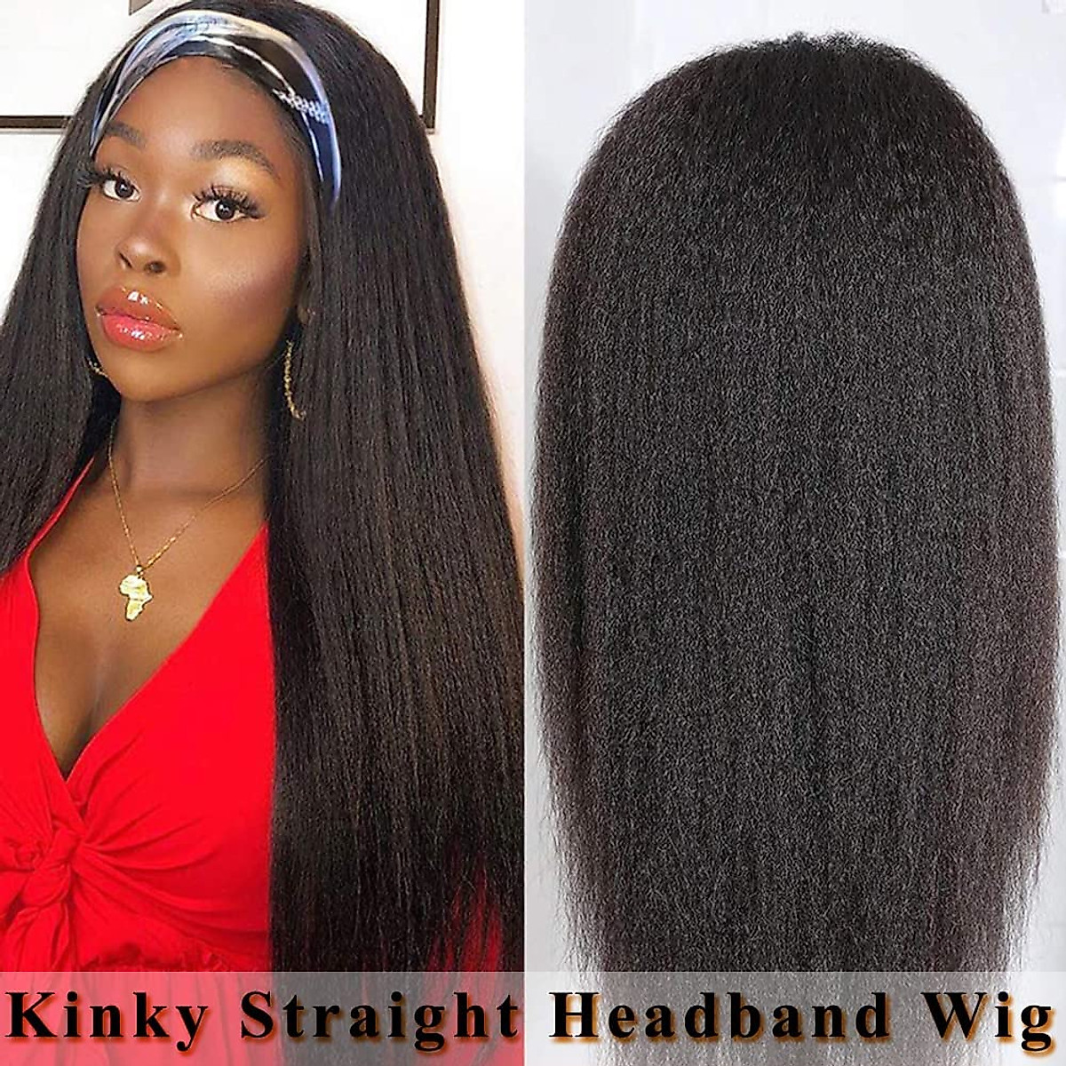 Szphoxer Kinky Straight Headband Wigs for Women Synthetic Headband Wig Long Yaki Straight Hair Wigs With Headband Attached 24 inch Full Machine Made None Lace Front Wig Natural Black Color