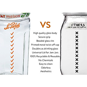 Le Parfait Jam Pots Clear Jars with Orange Snap Lids | Sturdy French Faceted Non-Slip Glass Body | Works as Drinking Glass Cup for Iced Tea or Coffee & Spice Storage | 11oz (Pack of 6) 324ml