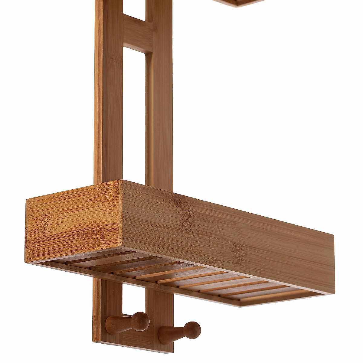 Basicwise Bathroom Multi-function Natural Bamboo Storage Rack Over Shower Head Organizer, Shower Ball, Shampoo, Conditioner, Soap Holder