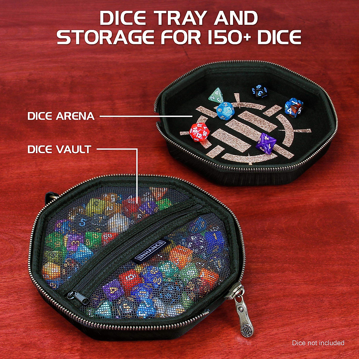 ENHANCE DnD Dice Tray and Dice Case - DnD Dice Holder for up to 150 D&D Dice with Rugged Hard Shell Exterior and Protective Soft Interior - Dice Rolling Tray Perfect for Game Night (Black)
