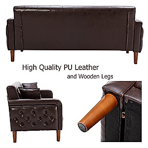 Aoowow Faux Leather Sofas and Couches 78 Inches Long, Mid Century Modern Couch Tufted Back Sofa with 2 Throw Pillows, Armrest and Wooden Legs for Living Room, Apartment, Bedroom (Brown)