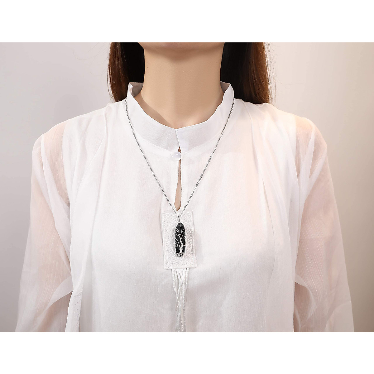 XIANNVXI Tree of Life Wire Wrapped Crystal Point Pendant Necklace Reiki Healing Crystal Stone Black Agate Necklaces Natural Hexagonal Gemstone Quartz Jewelry for Women