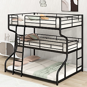 Triple Bunk Bed Full XL Over Twin Queen Metal Heavy-Duty 3 Beds Frame for Multi-Kids Boys Girls Teens Adults, Black