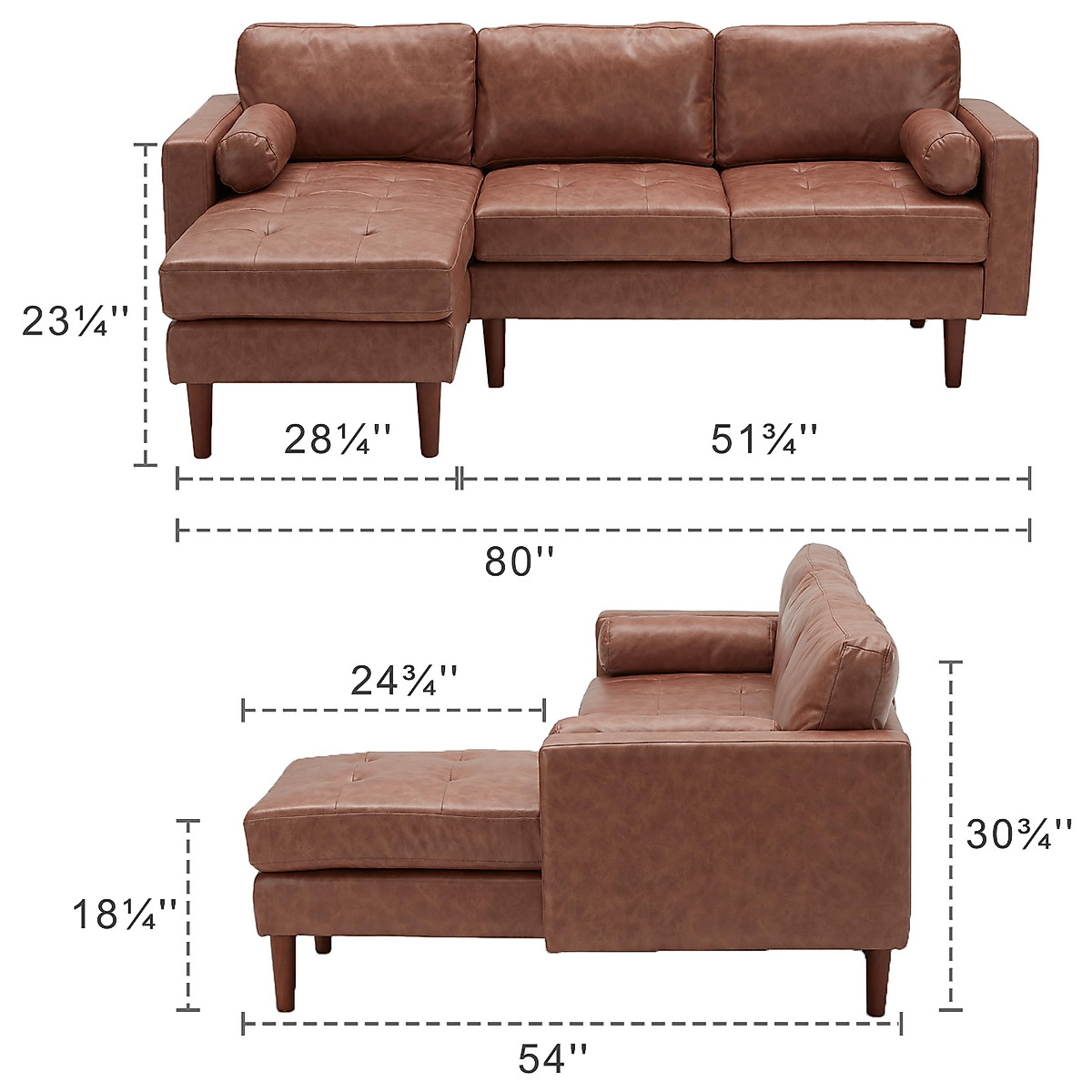 Tbfit 80"W Sectional Sofa Couch, L Shaped Couch with Reversible Chaise, Mid Century Modern Faux Leather Couches for Living Room Apartment Small Space, Convertible Sofa with Tufted Seat Cushion, Brown