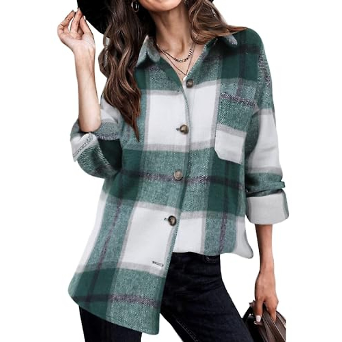 ZOLUCKY Womens Green Flannel Shirt Plaid Shacket Long Sleeve Button Down Shirts Casual Oversized Shackets, Green and White 3X-Large